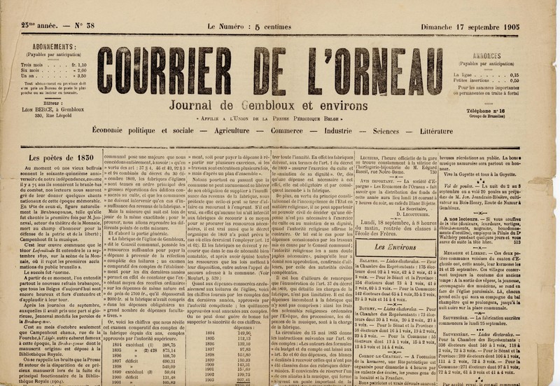 112B053 - Courrier de l'Orneau - article sur l'incendie du beffroi 1905 ...